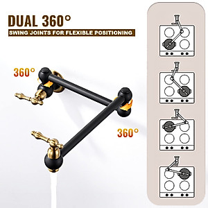 WOWOW Pot Filler Faucet Over Stove, Solid Brass Pot Filler Wall Mount Commercial Kitchen Sink Pot Filler Copper Folding Faucet, with Stretchable Double Joint Swing Arm, Black and Gold