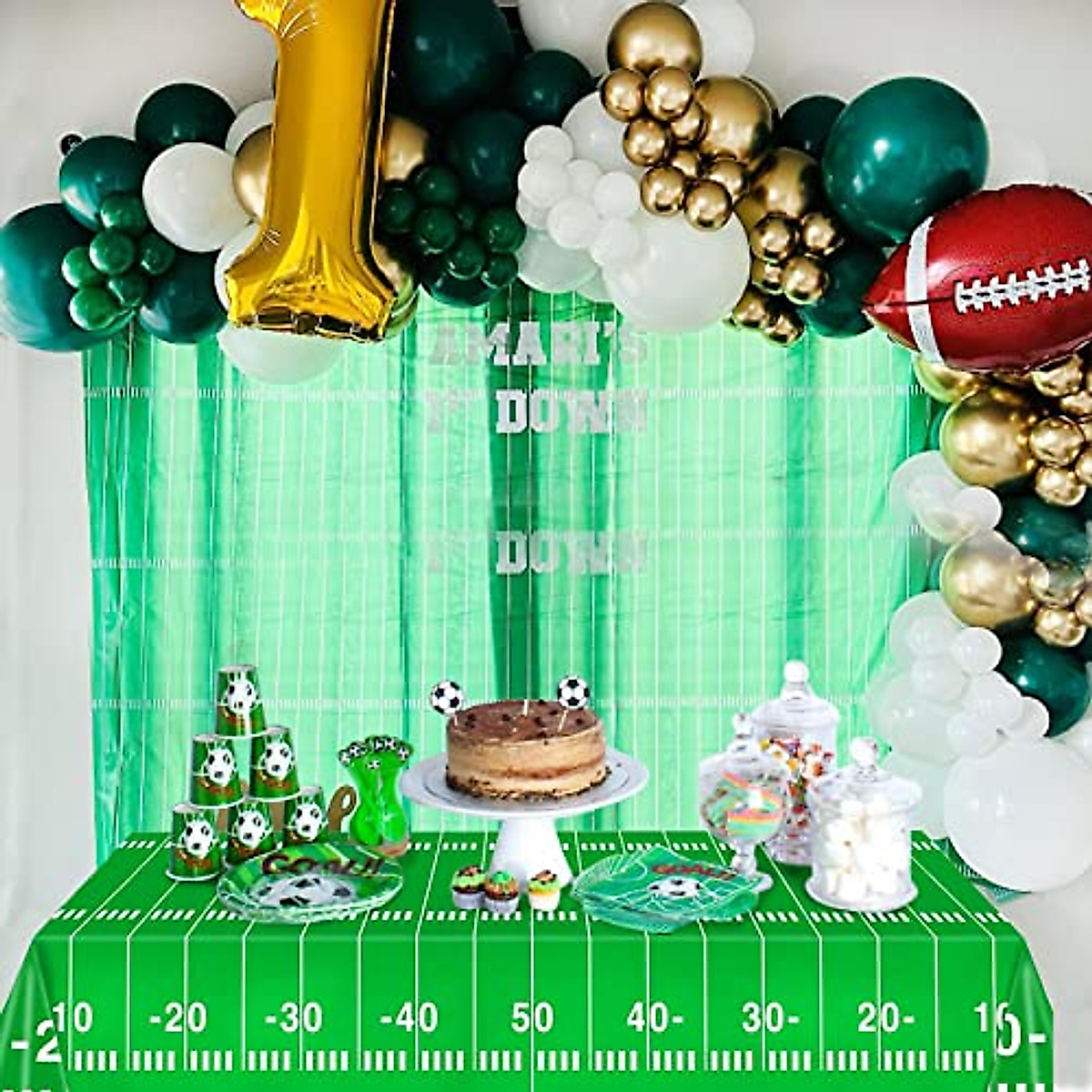 UNIIDECO 2 Pieces 54”x108” Football Tablecloth, Soccer Themed Plastic Table Cover, First Down Football Birthday Party Gender Reveal Decoration Supplies