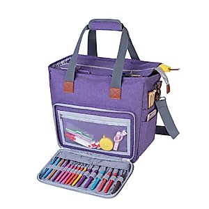 LUXJA Knitting Bag with Shoulder Straps, Yarn Bag for Carrying Projects, Knitting Needles, Crochet Hooks and Other Accessories, Purple