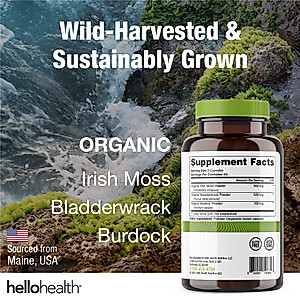 Organic Irish Sea Moss Capsules: Wildcrafted Sea Moss, Burdock Root & Bladderwrack Prebiotic Super Food for Immune Support, Thyroid Support, Natural Energy, Gut Health, Skin & Joint Health -120 Caps