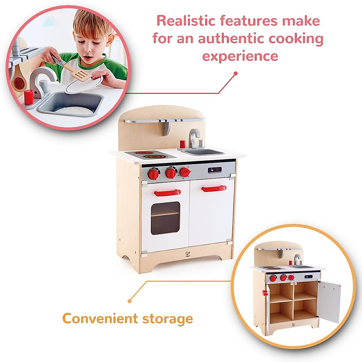 Hape Gourmet Kitchen Toy Fully Equipped Wooden Pretend Play Kitchen Set with Sink, Stove, Baking Oven, Cabinet, Turnable Knobs & Spice Shelf, White