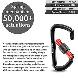 FresKaro Carabiner Clip, Locking and Small, Heavy Duty Carbineers, Key and Keychain Clips, Black Safety Aerial Karabiner 3inch, Aluminum, D-Ring, for Belt, Hammock, Weight Bearing, Hiking, Dog Crate