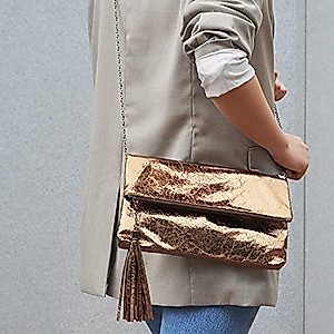 JNB Women's Cracked Metallic Fabric Foldover Clutch with Tassel, Bronze