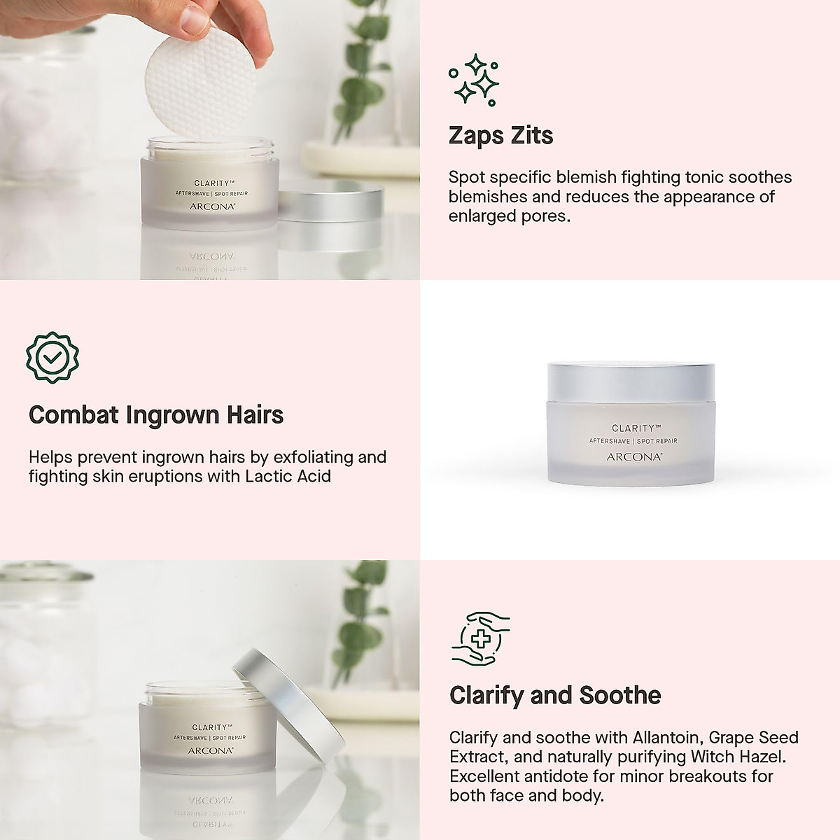 ARCONA Clarity Aftershave Pads - Lactic Acid, Witch Hazel, Methol, Aloe + Grape Exfoliate, Fight Blemishes + Soothes Skin - 45 Pads. Made in The USA