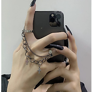 Ubjuliwa Gothic Punk Chain Finger Rings Set 15Pcs Adjustable Stackable Vintage Silver Emo Rings for Women Men Cross Butterfly Knuckle Rings