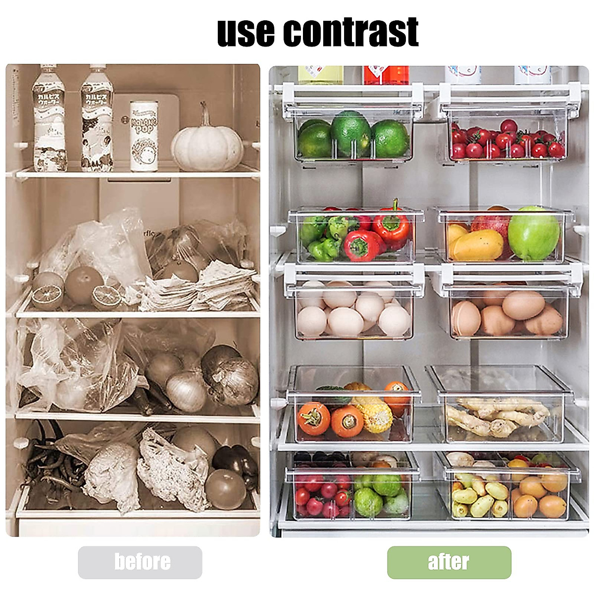 shopwithgreen 2 Pack Refrigerator Organizer Bins with Handle, Pull-out Fridge Drawer Organizer, Freely Pullable Refrigerator Storage Box with 2 Divided Sections, Fit for 0.6'' Fridge Shelf