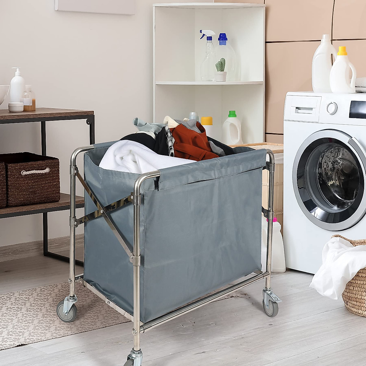 ALBOMI Collapsible Commercial Laundry Cart with Wheels, Large Folding Stainless Steel Laundry Hamper, Industrial Rolling Waterproof Laundry Basket for Hotel Hospital School Home, 440LB Load, Gray