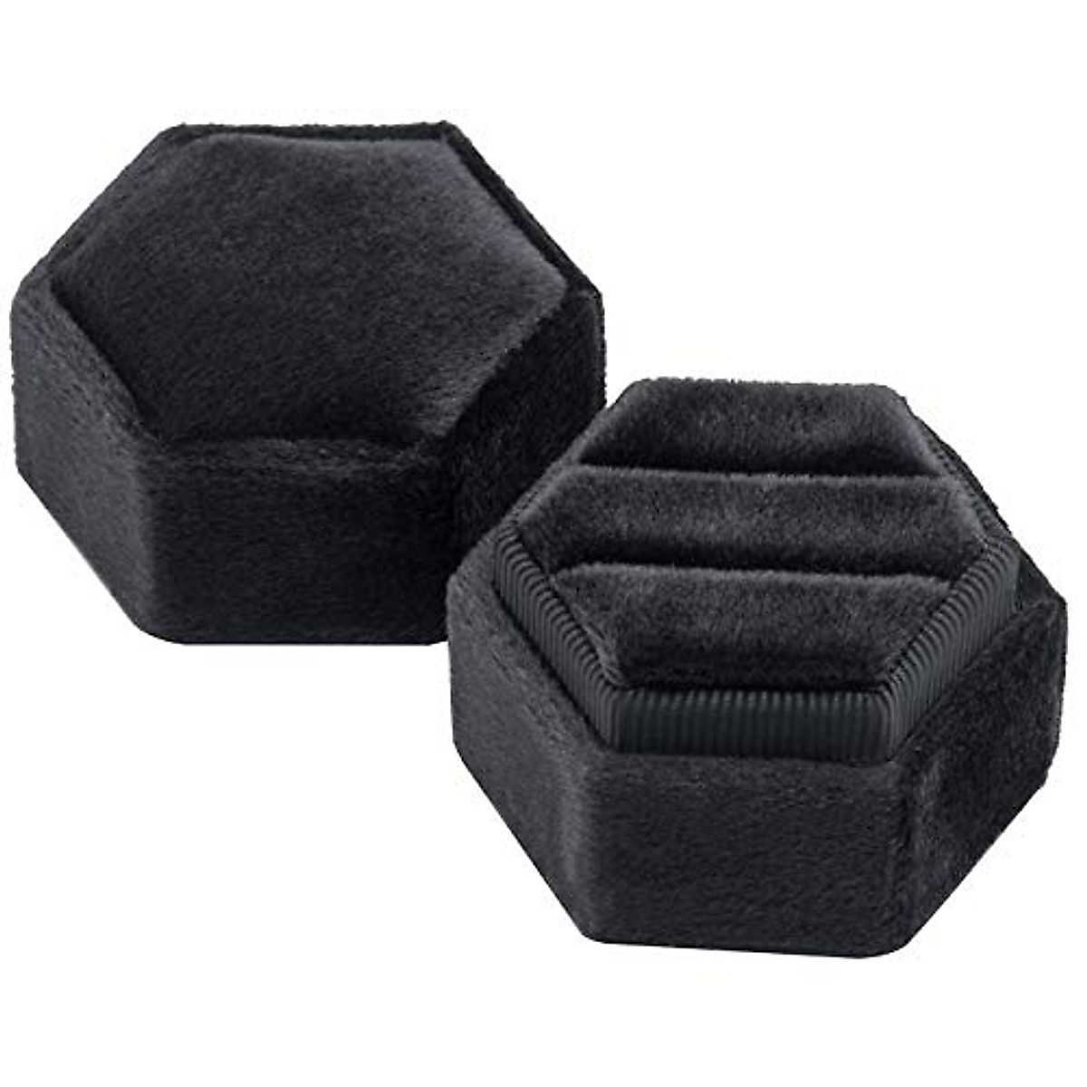 Premium Velvet Ring Bearer Box for Proposal Engagement Wedding Ceremony - Hexagon Vintage Double Ring Display Holder with Detachable Lid (Black)
