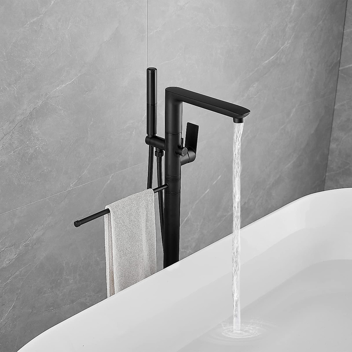 RUMOSE Tub Filler Freestanding Bathtub Faucet with 12.2 Inches Towel Bar Matte Black Floor Mount Tub Faucet Swivel Spout High Flow Bathtub Filler with Handheld Sprayer, Towel Rack