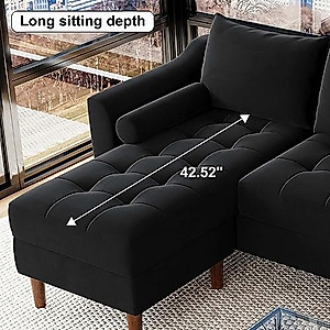 Belffin Black Velvet L Shaped Sectional Couch Small Convertible Couch Sectional Sofa 3-Seater Sofa Sectional with Reversible Chaise Ottoman for Apartment and Small Space