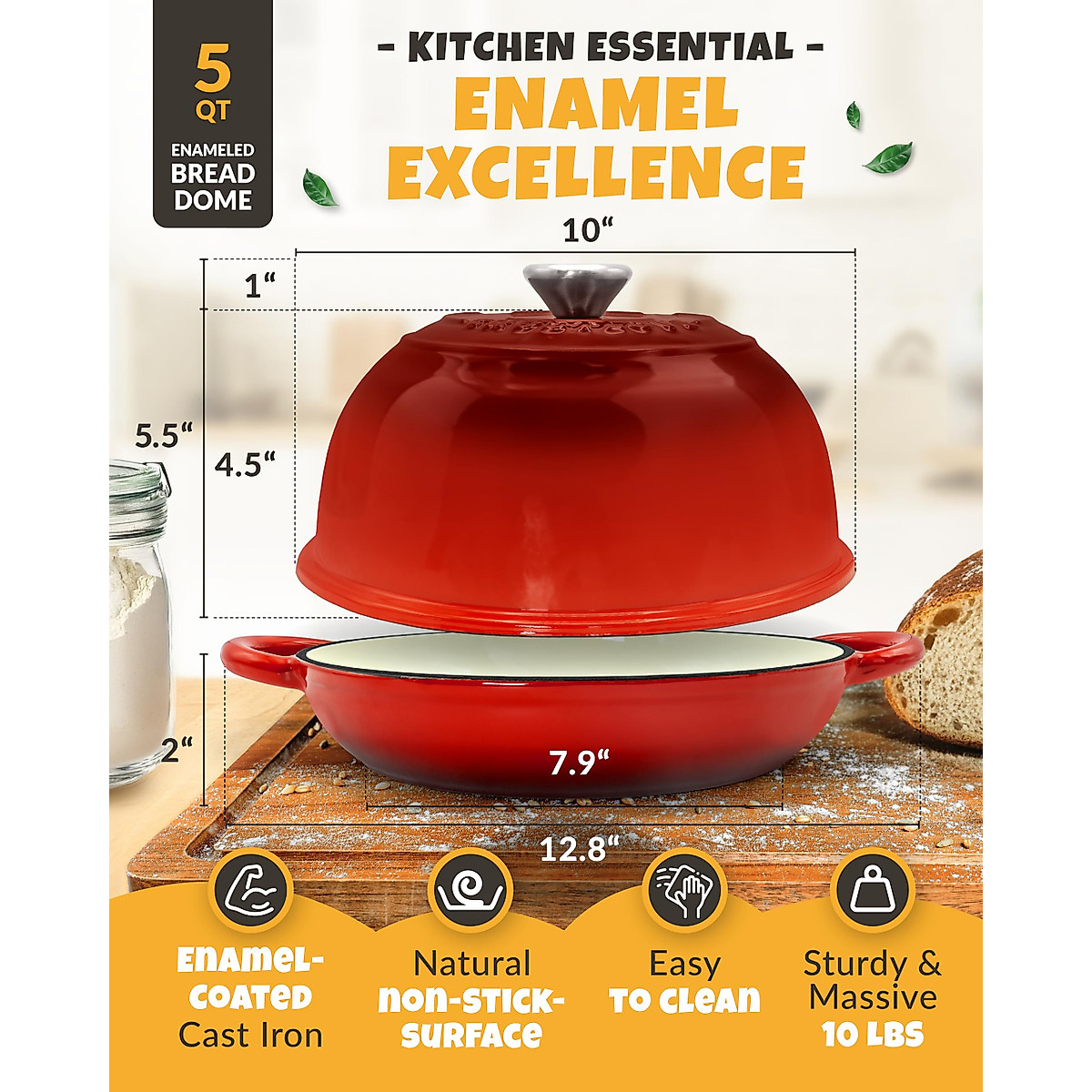 CRUSTLOVE Dutch Oven Bread Baking - 5QT Enamel Bread Dome - incl Sourdough Bread Baking Suppliers like Dough Whisk Scoring Lame etc. Dutch Oven for Sourdough Bread Baking Cast Iron Bread Pan with Lid