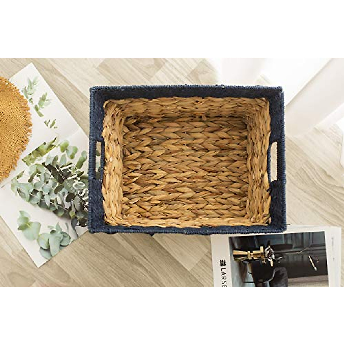 JiaLan Rectangular Seagrass Woven Storage Basket with Cut-out Handles, Natural Straw Baskets for Organization and Storage,Large,15.7 inchesx11.8 inchesx7.8 inches
