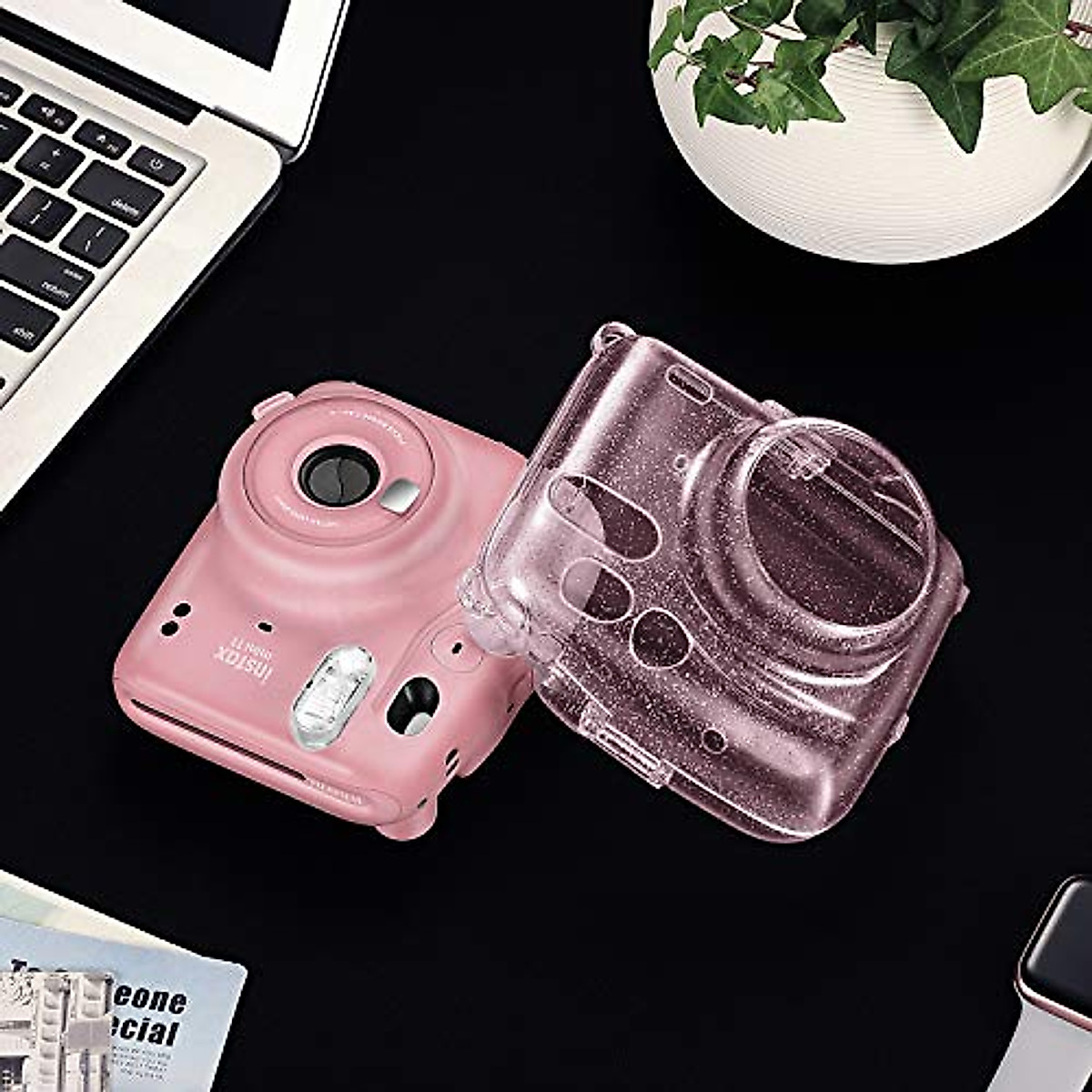 Fintie Protective Clear Case for Fujifilm Instax Mini 11 Instant Film Camera - Crystal Hard Shell Cover with Removable Rainbow Shoulder Strap, Glittering Pink