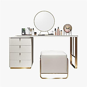 i-POOK Modern Makeup Vanity Set, Wood White Dressing Table Set with Side Cabinet, 15.75" Round Mirror and PU Leather Stool for Girls Bedroom, Gift for Wife, Daughter, Mother, 47.24" x 29.53" x 17.72"