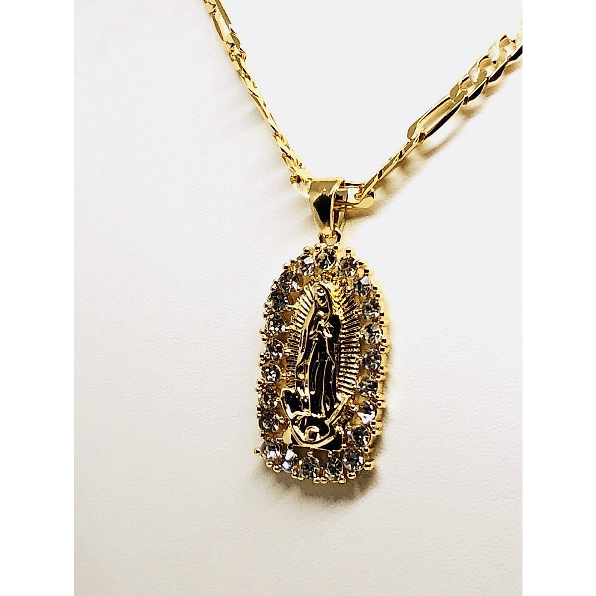 Gold Plated Virgin Mary Pendant Necklace Figaro 26" Virgen de Guadalupe Medalla Oro Laminado
