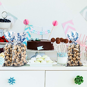 100 Pieces Nautical Anchors Party Bags Nautical Candy Cellophane Bags Heat Sealable Treat Bags with 100 Pieces Gift Twist Ties for Nautical Beach Decoration Themed Party(Blue, Red) (Blue)