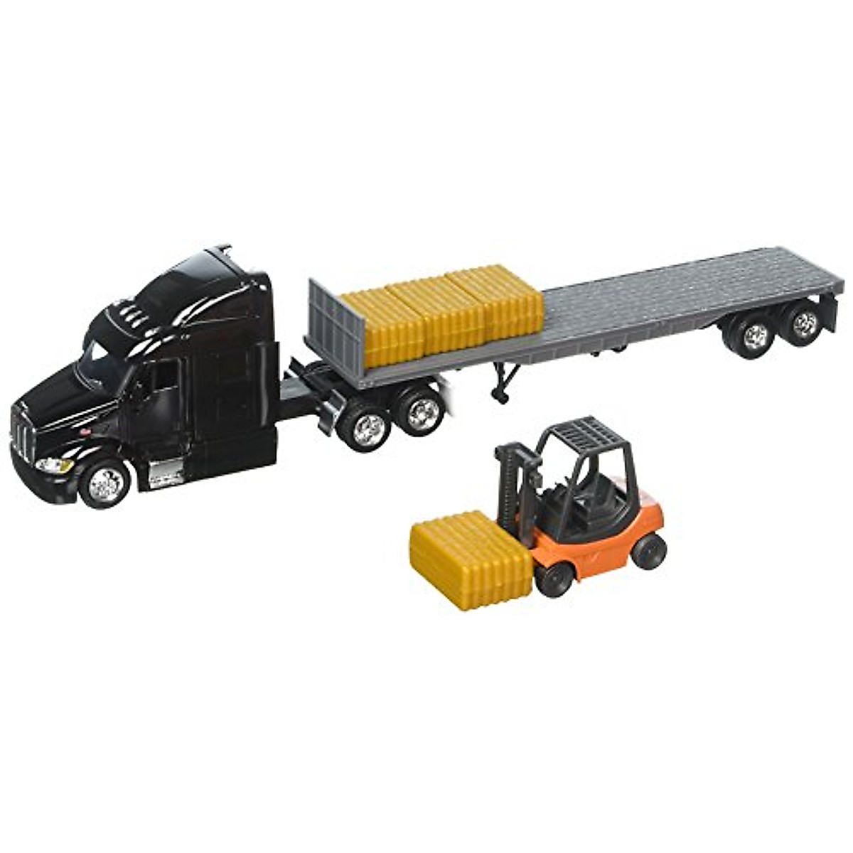 NewRay 1:43 Long Haul Trucker - Peterbilt Model 387 Low Boy with Forklift and Hay Bales, Multi
