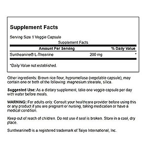 Swanson Amino Acid Double Potency Suntheanine L-Theanine 200 Milligrams 60 Veg Capsules 3 Pack