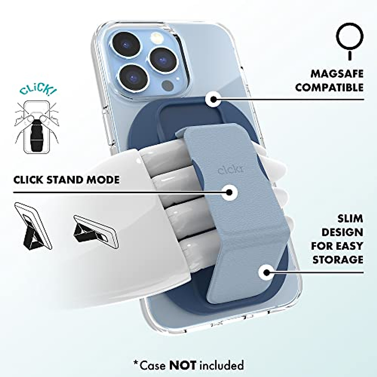 CLCKR Phone Holder & Grip for MagSafe, Adjustable Magnetic Stand & Finger Holder, Designed for iPhone 15, 15 Pro, 15 Pro Max, 15 Plus, iPhone 14, iPhone 13, 12 Models – Blue