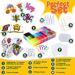GoodyKing 5500 pcs+ Arts and Crafts Fuse Beads Kit for Kids with Instruction - 5mm Pixel Art Melty Plastic Beads Set with 111 Patterns, 21 Assorted Colors Plus - School Teens Kids Age 4 5 6 7 8 and up