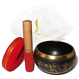 3"x5" Om Maa Padme Black & Gold Painted Tibetan Handmade Buddhist Singing Bowl Set & Wooden Striker, Great For Mindfulness Meditation, Relaxation Anxiety Relief, Chakra Healing, Perfect Spiritual Gift