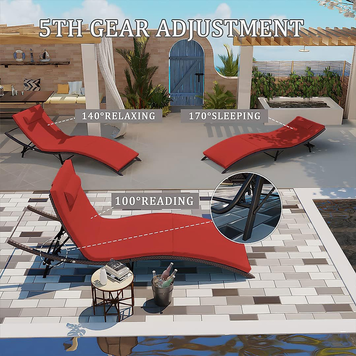 Kullavik Lounge Chair for Outside,3 Pieces Chaise Lounge Outdoor Folding Pool Lounge Chairs Including Table Rattan Patio Furniture Set,Red