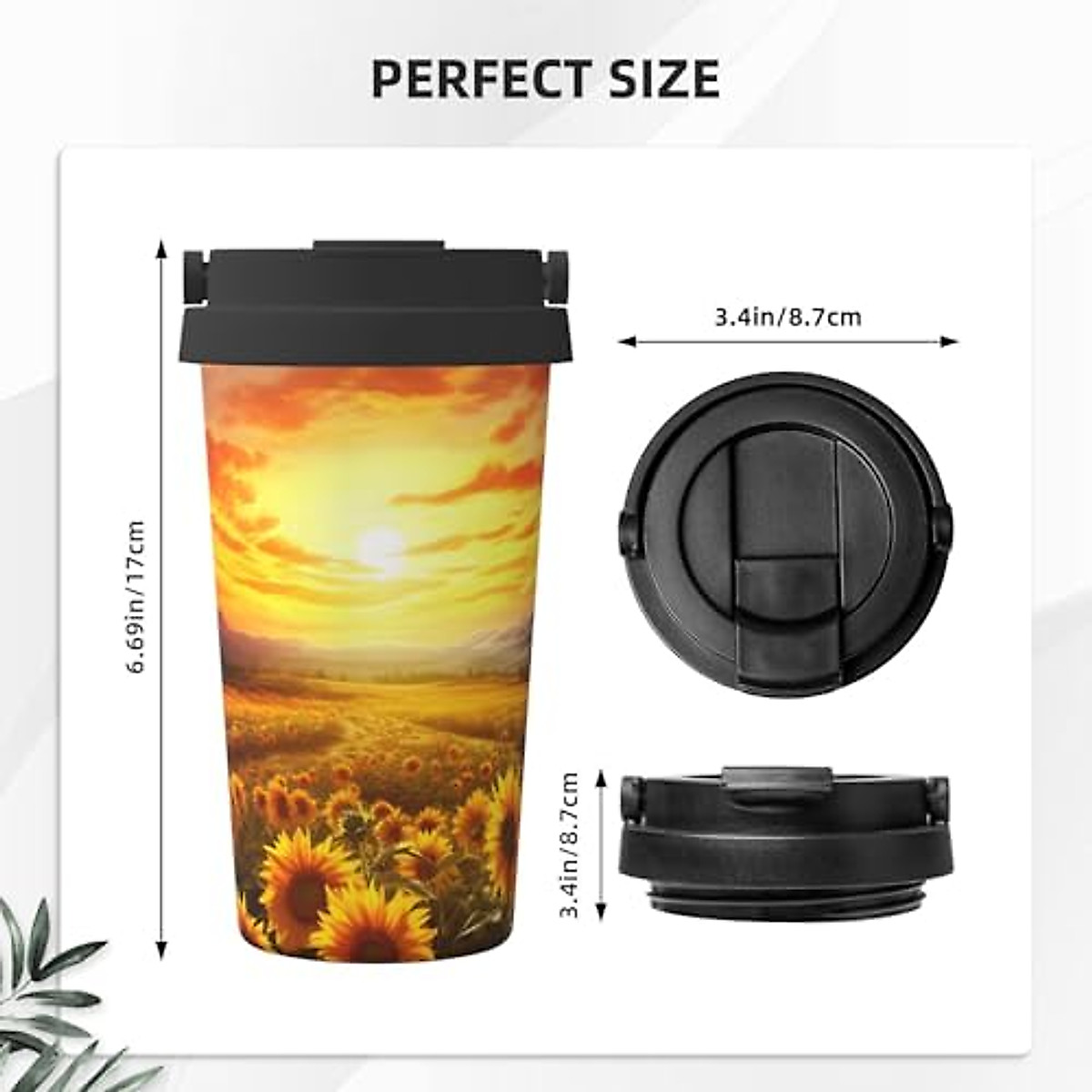 GTKSYNVE Reusable Coffee Mug with Lid and Handle, Dreamlike Sunset Of A Sunflower Field Tumbler for Hot & Cold Drinks 16oz Stainless Steel Insulated Coffee Tumblers Double Wall Vacuum Thermal Cup