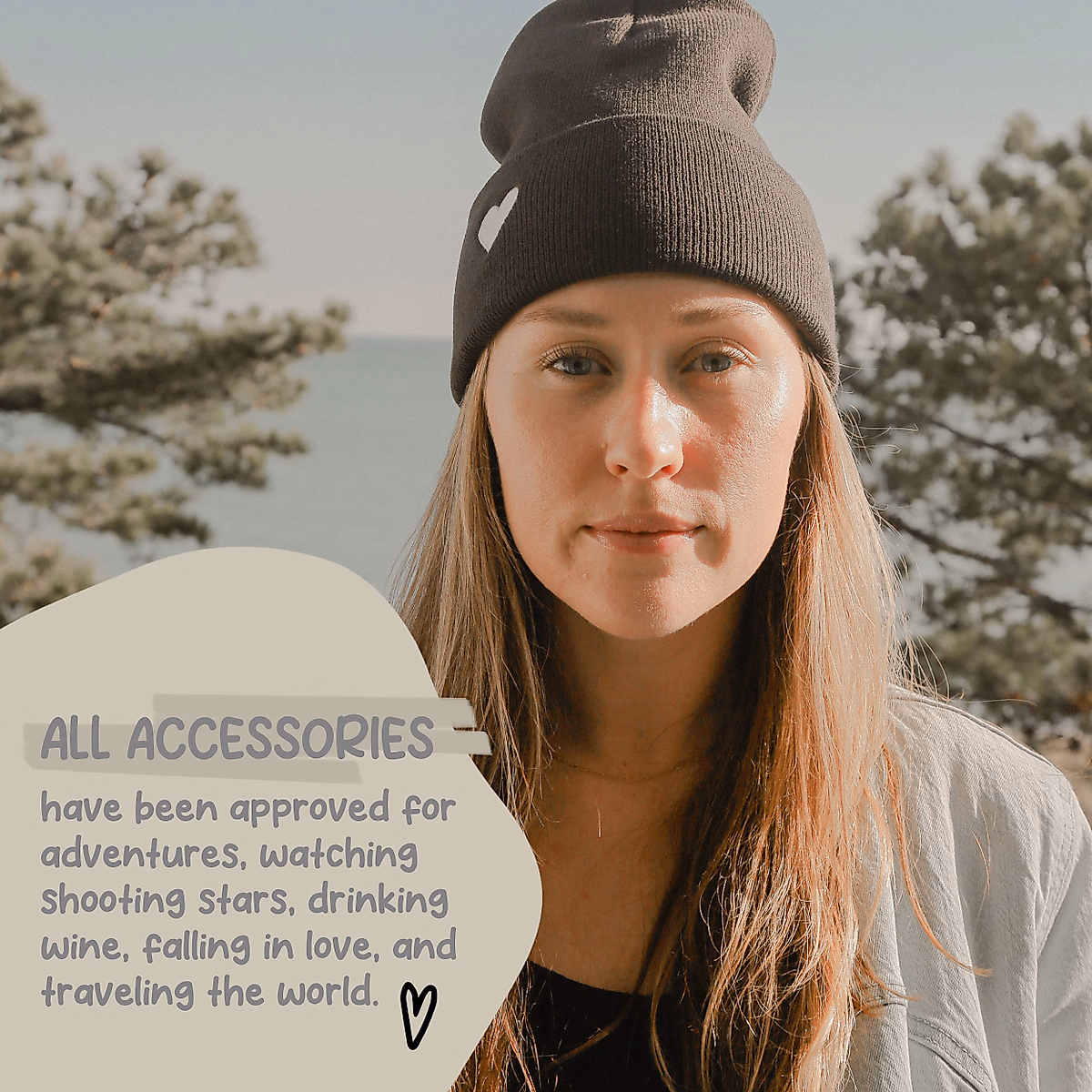 Atticus Poetry Cuffed Beanie for Women, Lightweight Acrylic Beanie for Year Round Wear - with Patch or Embroidered- One Size - Dark Grey Heart