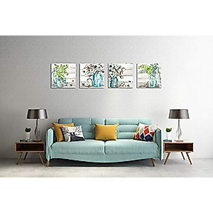 Flower Painting Wall Art Watercolor MasonJar Floral Picture Artwork 4 Panel Modern Oil Painting Print on Canvas for Bedroom Living Ready to Hang