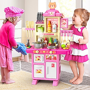 TEMI Kids Play Kitchen Playset - Pretend Play Kitchen Accessories for Toddlers 2-5 Years Old, Interactive Girls Toys Play with Lights and Sounds, Toddler Outdoor Playset Gifts for Boys