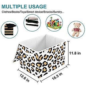 CaTaKu Leopard Spots Brown Storage Bins with Lids and Handles, Fabric Large Storage Container Cube Basket with Lid Decorative Storage Boxes for Organizing Clothes