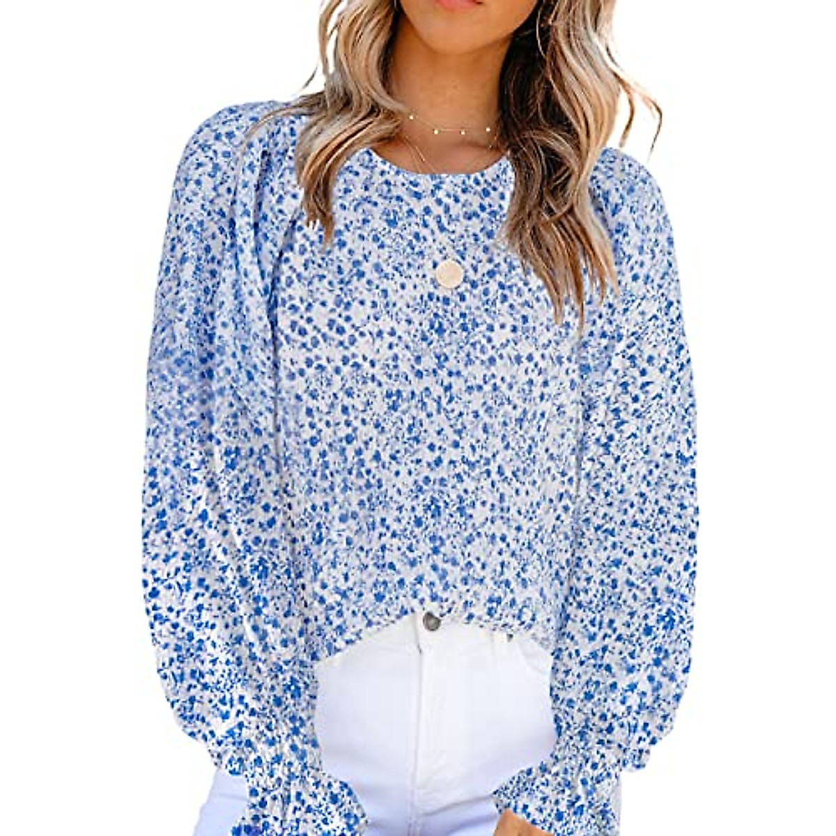 Dokotoo Cute Tops for Women Floral Print Round Neck Smocked Long Sleeve Blouses Stylish Summer Shirts Babydoll Chiffon Clothing for Women Blue M