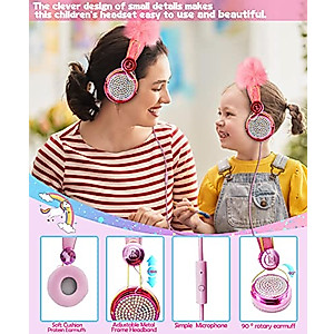 SVYHUOK Pompoms Pink Unicorn Wired Headphones,Cute Cat Ear Kids Game Headset for Girls Teens Tablet Laptop PC,Over Ear Children Headset withMic,for School Birthday Xmas Gifts