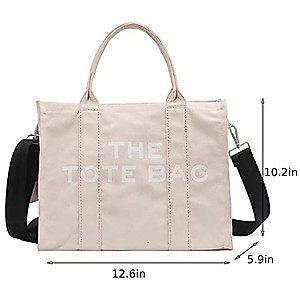 Canvas Tote Handbag Shoulder Bag, Letter Printing Solid Crossbody Bag, Large Capacity Tote Bag for Men Women (2pcs Black & Beige)