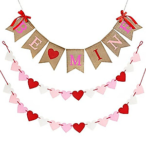 Valentines Day Burlap Banner, Valentines Decor for Home, Be Mine Hanging Banner & 28 Pcs Felt Heart Garland Banner Decor for Mantle Fireplace Wall, Decorations Pre-Assembled - No DIY Required