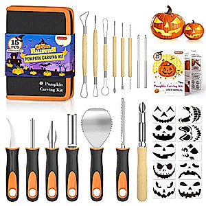 25 PCS Halloween Pumpkin Carving Kit, Shuttle Art 15 PCS Professional Premium Quality Stainless Steel Pumpkin Carving Tools with 10 Pumpkin Stencils Carrying Case for Kids Adults Sculpting and Carving