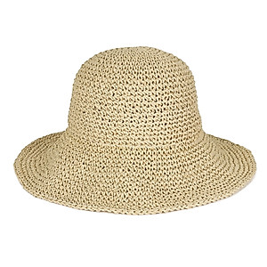 Womens Floppy Straw Sun Hat Foldable Packable Wide Brim Summer Beach Hat Crochet Bucket Hat (US, Alpha, One Size, Beige)