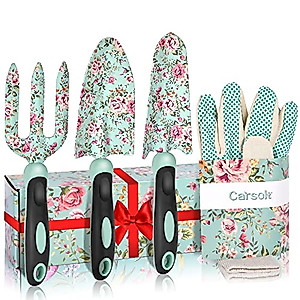 Garden Tools Set, Carsolt 4 Pcs Heavy Duty Floral Gardening Tools Kit with Non-Slip Rubber Handle, Special Gardening Gifts for Women Birthday Box (Green)