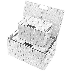Sorbus Storage Box Woven Basket Bin Container Tote Cube Organizer Set Stackable Storage Basket Woven Strap Shelf Organizer Built-In Carry Handles (Lid Bins - 3 Pack, White)