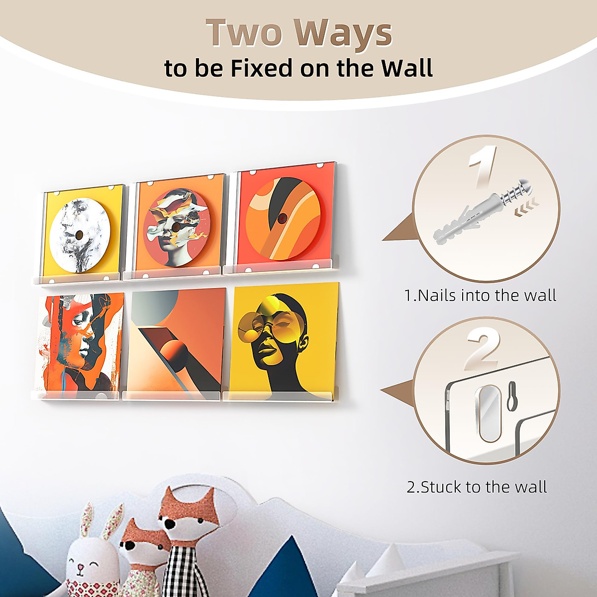 MINDEPOT Vinyl Record Holder Wall Mount, 6 Pack 12 inch Clear Album Music Book Display Shelf for Home Decoration Kids Room Wall Art