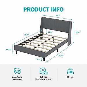 CECER Full Size Bed Frame, Modern Bed Frame with Upholstered Headboard & Broad Wingback Wooden Slat Support, No Box Spring Needed - Dark Grey