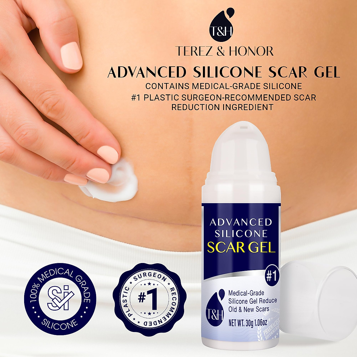 Silicone Scar Cream with Medical Grade Silicone Stretch Mark Cream Treatment - Formula Scar Gel Works for C-Section, Stretch Marks, Keloid, Acne - Surgical Scars Effective, Old and New Scars - 30g