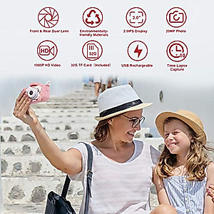 Phankey Kids Camera for Girls, 20MP 1080P Digital Camera for Kids with 32GB Card,Rechargeable, Soft Silicone Shockproof Case, Great Gift for Kids, Pink (Pink-b)