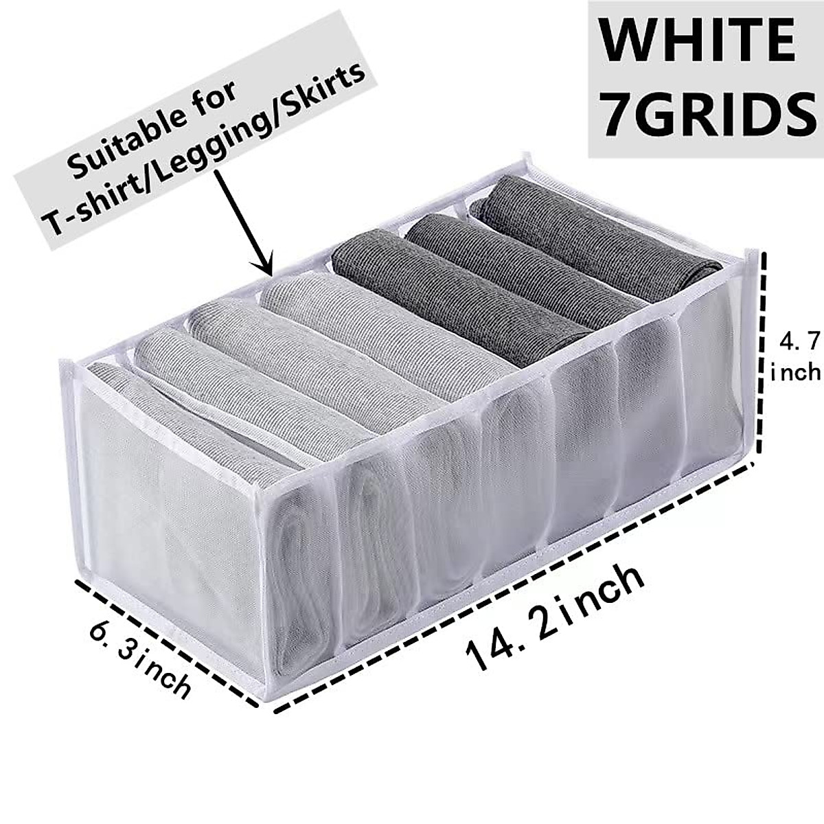 BINGC 2 PCS Washable Wardrobe Clothes Organizer , 7 Grid Drawer Foldable Visible Storage Box Jeans Compartment Divider Boxes for Jean Pants Socks Bras Ties Lingerie Scarves (14.2x6.7x4.7 inch, WHITE)