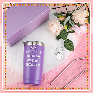 Panitay 7 Pcs Funny Mother's Day Gifts for Mom 20 oz My Favorite Child Give Me Travel Tumbler with Lid Straw Brush Inspirational Mother Keychain Gift Box from Daughter Son (Purple)