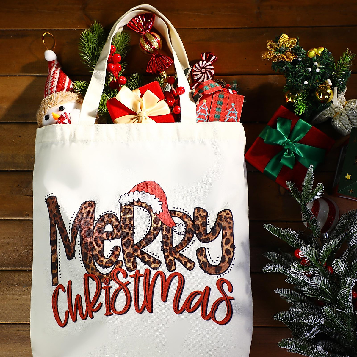 Abbylike 4 Pcs Christmas Canvas Tote Bag Reusable Grocery Shopping Bags with Interior Pocket Cute Casual Reusable Shoulder Bag for Supermarket Shopping Party Xmas Gifts Favor Supplies Women Presents