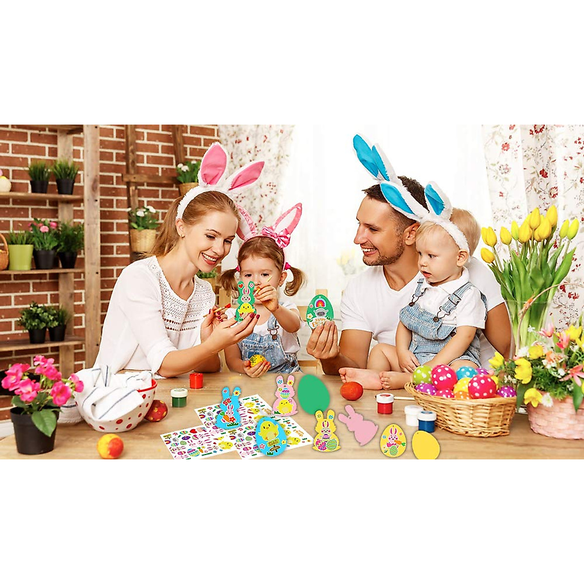 WaaHome Easter Arts and Crafts Kits with 24 Egg and Bunny Cards, Easter Egg Bunny Basket Flowers Stickers Crafts for Kids School Classroom Game Party Favors