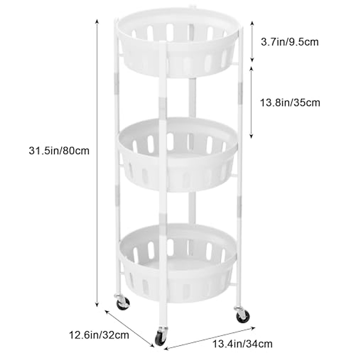 TOLUON Foldable Kitchen Storage Rack with Universal Wheels, 3 Tiers Large Capacity Smooth Sliding Vegetable Basket, Sturdy Construction No Installation Sundries Storage Shelf for Dorm Office White