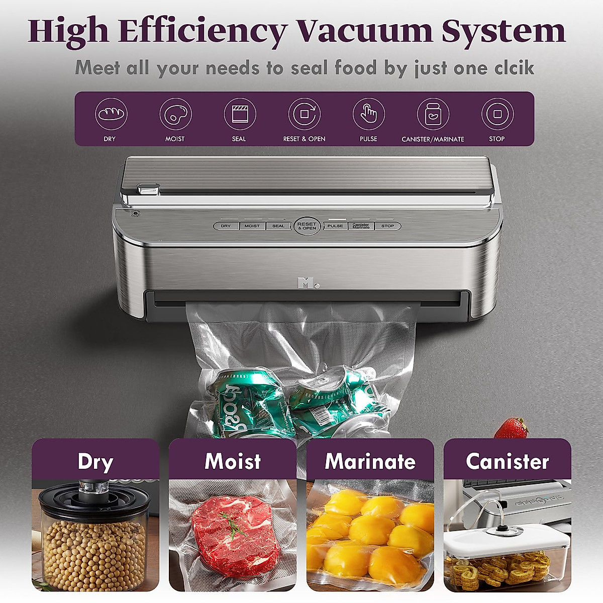 Mesliese Vacuum Sealer Machine, 85kPa 120W Automatic Food Sealer, Powerful Sealing System, Build-in Cutter | Bags Storage | Moist Mode and Air Suction Hose | 2 Bag Rolls and 5pcs Pre-cut Bags