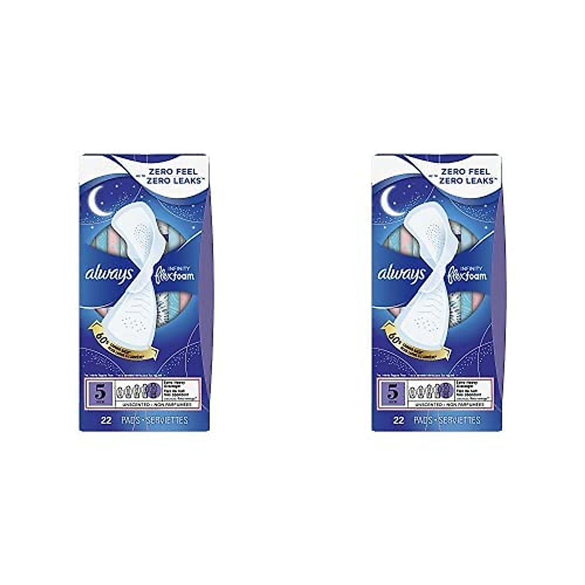 Always Infinity FlexFoam Pads for Women, Size 5, Extra Heavy Overnight Absorbency, Unscented, 22 Count (Pack of 2)